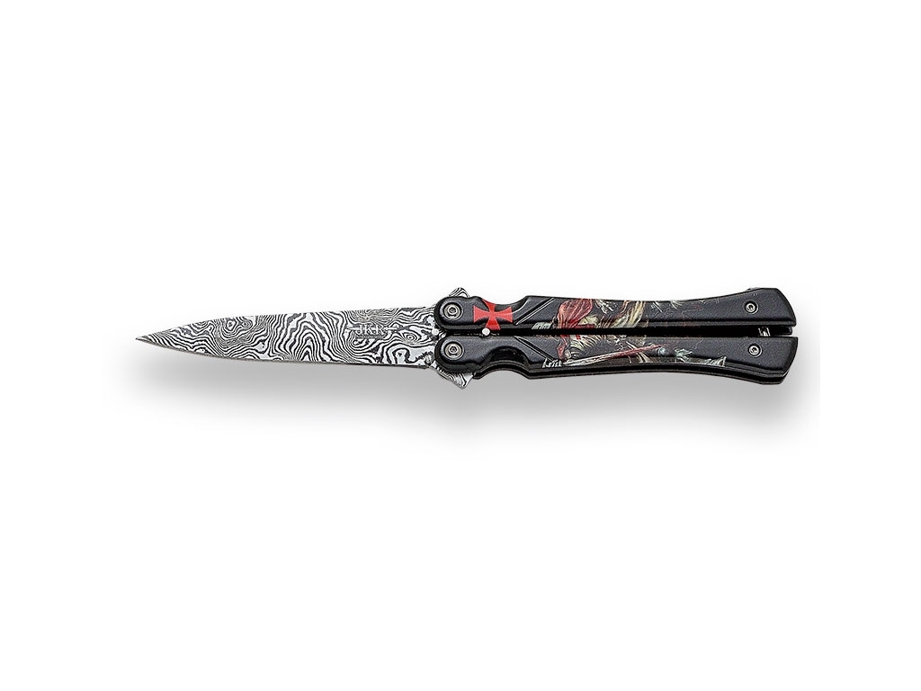 BUTTERFLY KNIFE JKR694 KNIGHTS TEMPLAR DRAWING IMITATION DAMASCUS STEEL ...