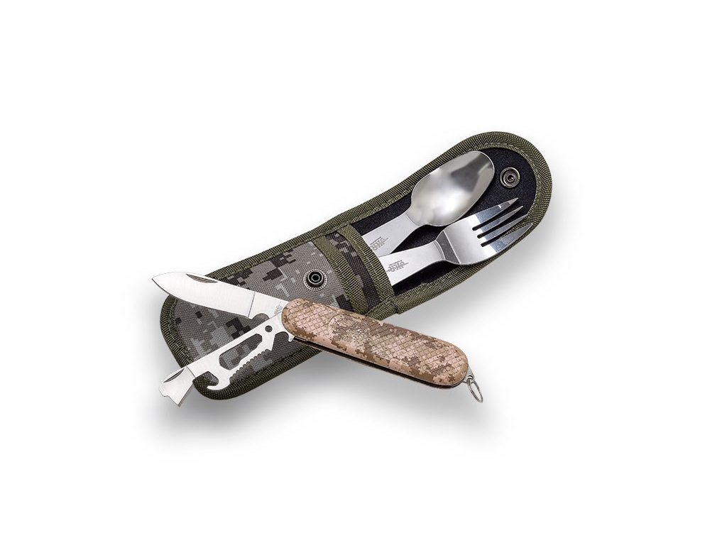 CAMPING SET WITH MULTITOOL FOLDING KNIFE, SPOON AND FORK