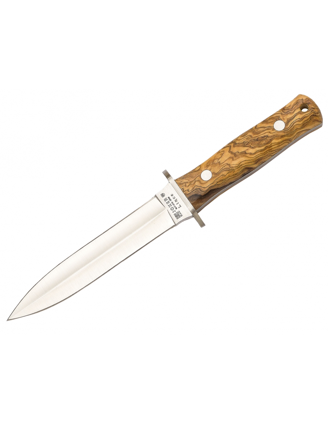 OLIVE WOOD SCALES 15,5 CM FIXED BLADE DOUBLE EDGE HUNTING KNIFE.