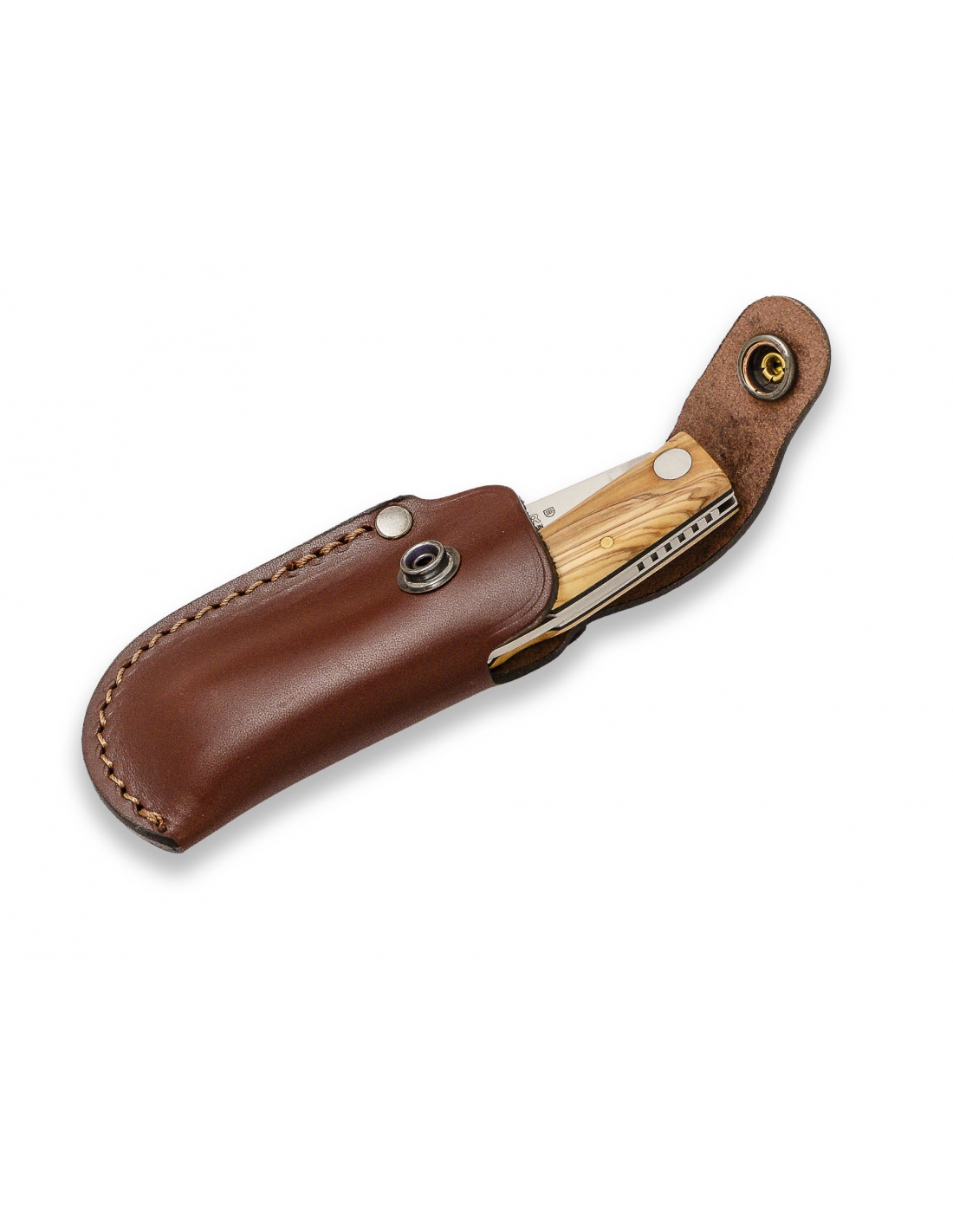 NAVAJA JOKER BECADA EN OLIVO, CON FUNDA DE CUERO INCLUIDA, HOJA 8 CM