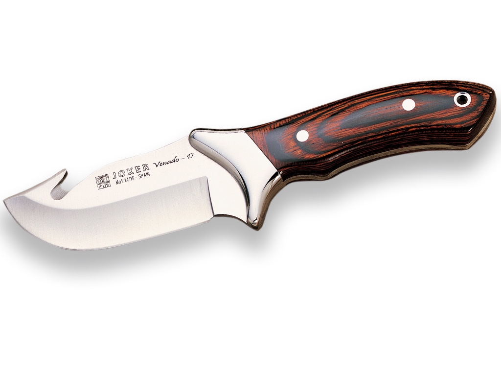 RED WOOD HANDLE, GUT HOOK 10 CM STAINLESS STEEL FIXED BLADE, JOKER ...