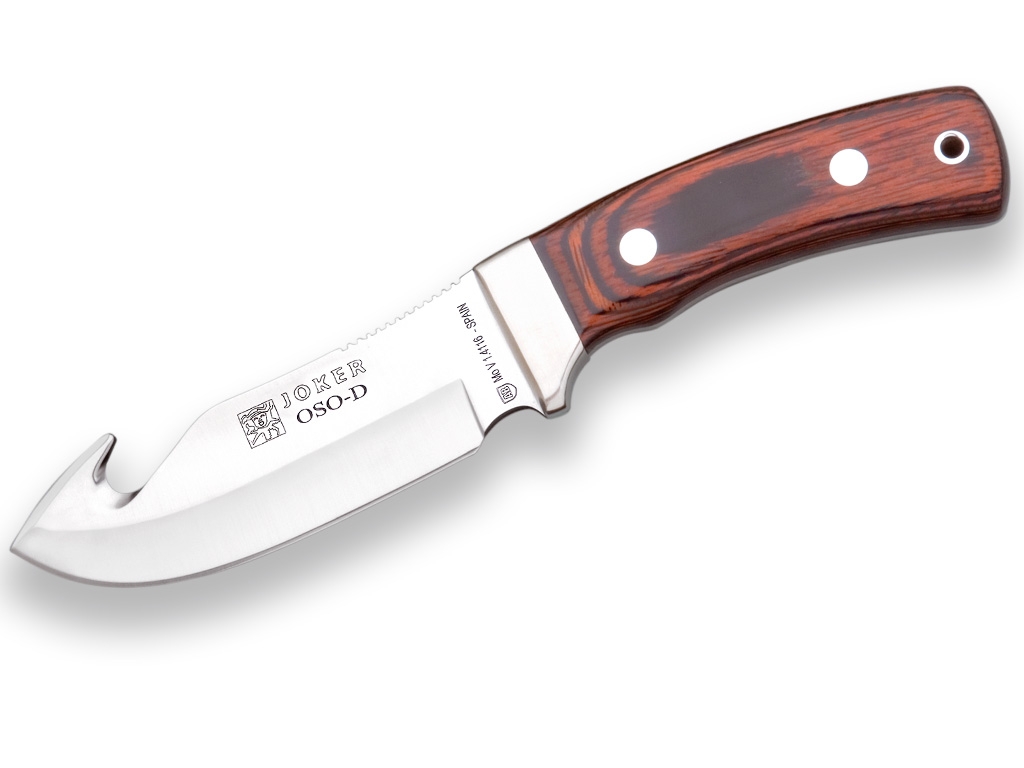 RED WOOD HANDLE, GUT HOOK 12 CM STAINLESS STEEL FIXED BLADE, JOKER OSO ...
