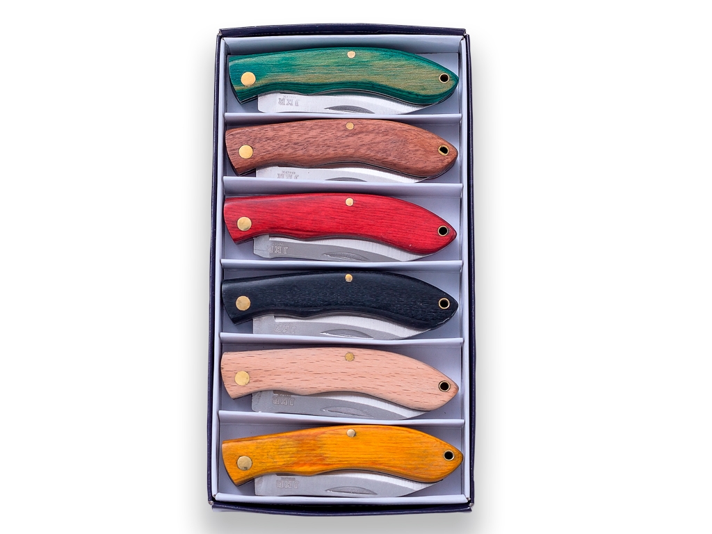 KIT DE NAVAJAS DE 6 PIEZAS, HOJA DE 6 CM Y CACHAS EN MADERA DE VARIOS ...